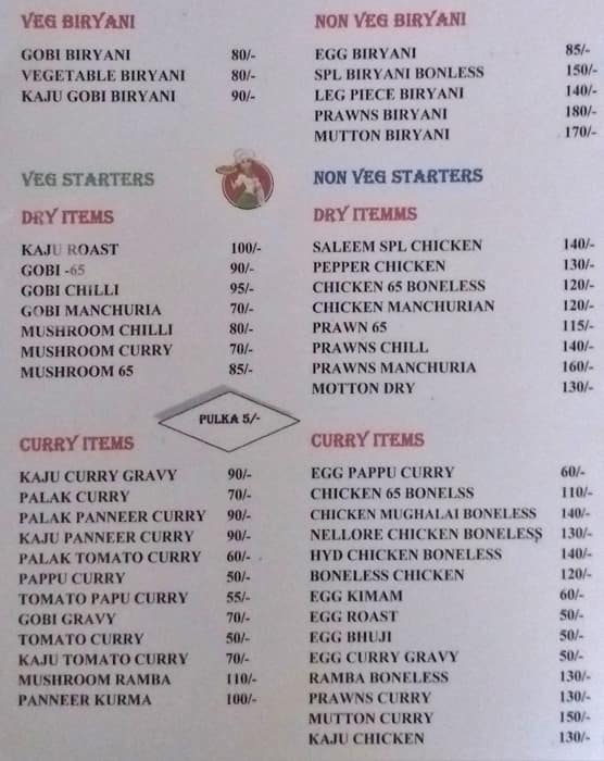 Menu of Saleem Punjabi Dhaba, Katpadi, Vellore