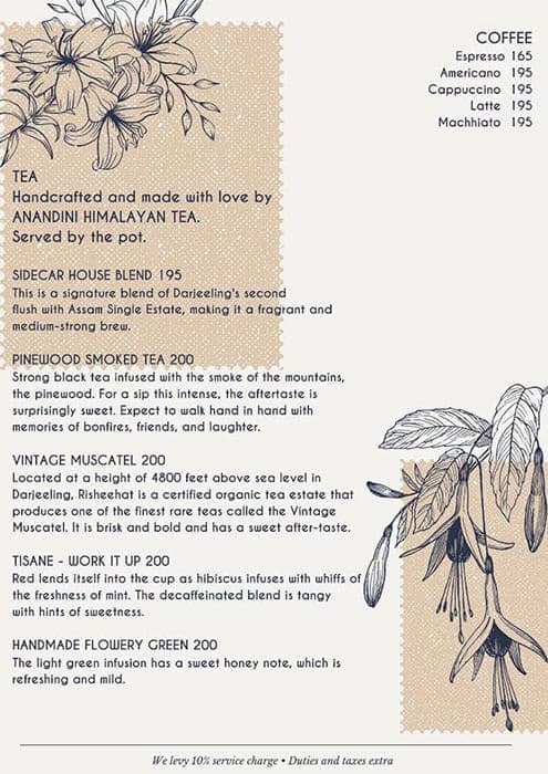 Menu of Sidecar, Greater Kailash 2 (GK2), New Delhi