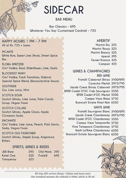 Menu of Sidecar, Greater Kailash 2 (GK2), New Delhi