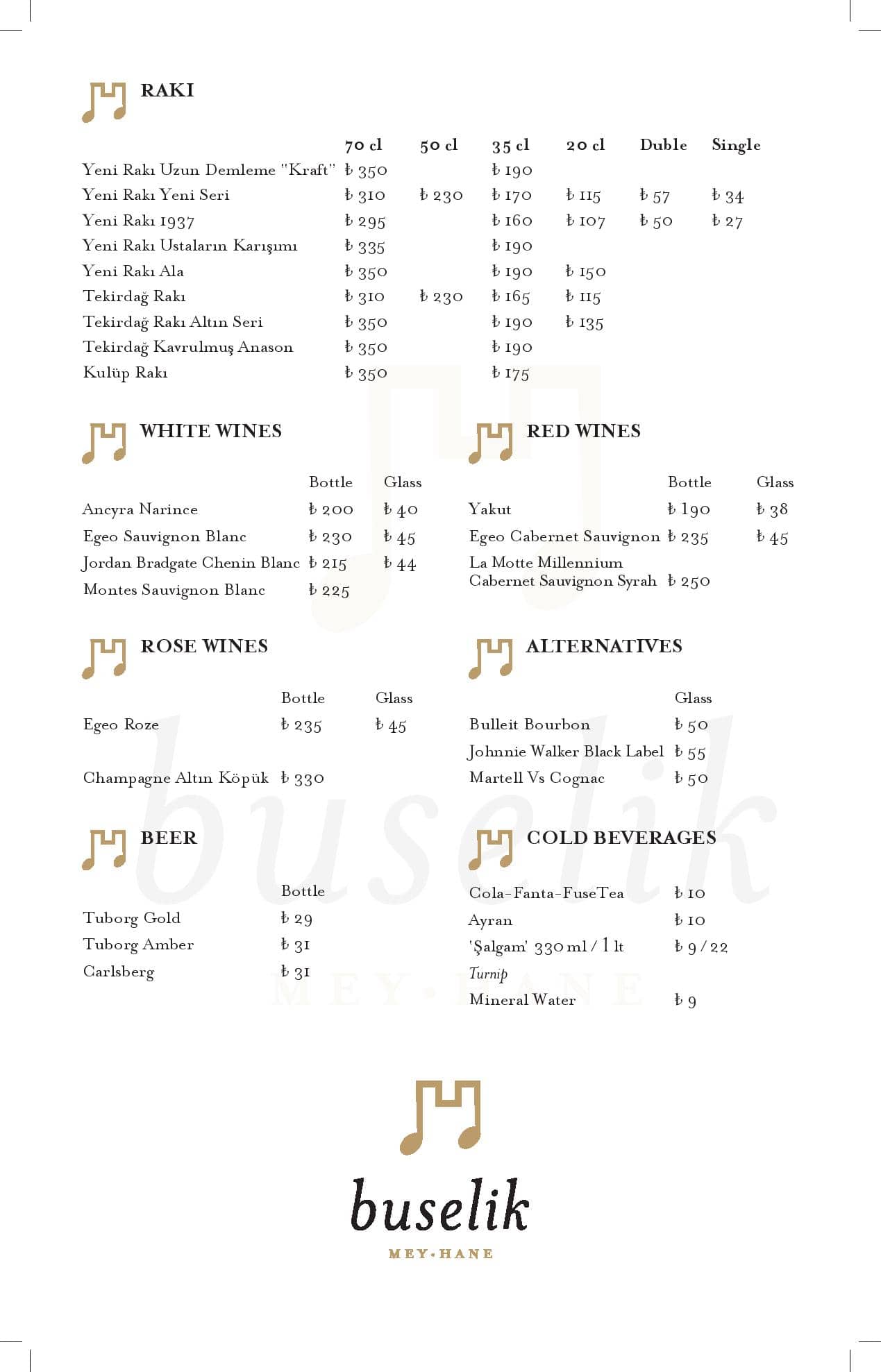 Menu at Buselik Moda Teras Meyhane, Istanbul