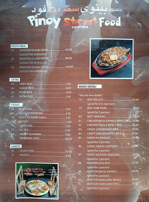 Menu at Pinoy Street Food cafeteria, Abu Dhabi, Near Emirates Plaza Hotel