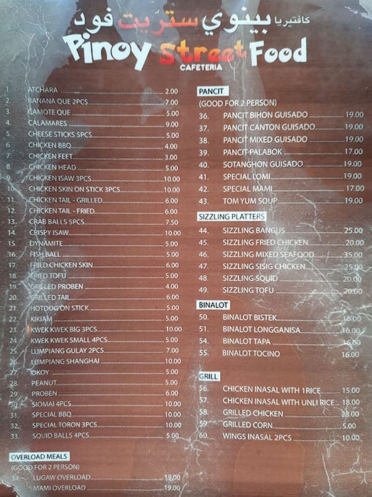 Menu at Pinoy Street Food cafeteria, Abu Dhabi, Near Emirates Plaza Hotel