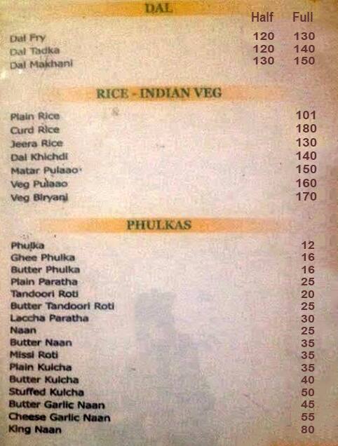 Menu of Baba Shah Restaurant, Kalkaji, New Delhi