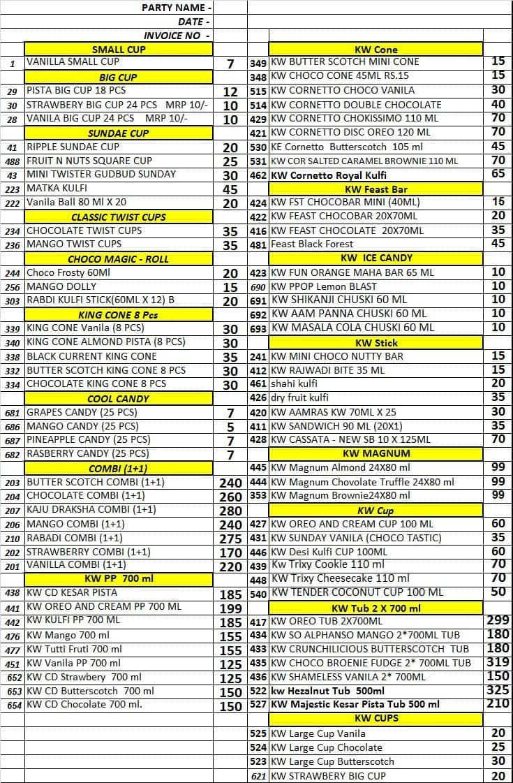 Menu of Kwality Wall’s Ice Cream, Bhandup, Mumbai