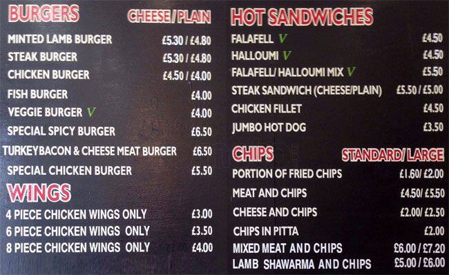 Menu at The Kebab Company restaurant, London, 144 Clapham High Street