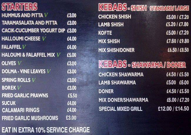 Menu at The Kebab Company restaurant, London, 144 Clapham High Street
