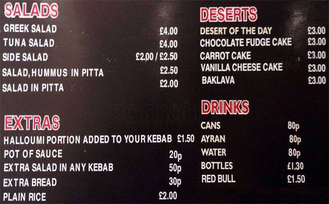 Menu at The Kebab Company restaurant, London, 144 Clapham High Street