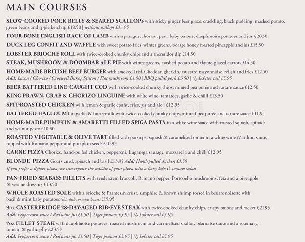 Menu at The Freemasons Arms pub & bar, London, 32 Downshire Hill