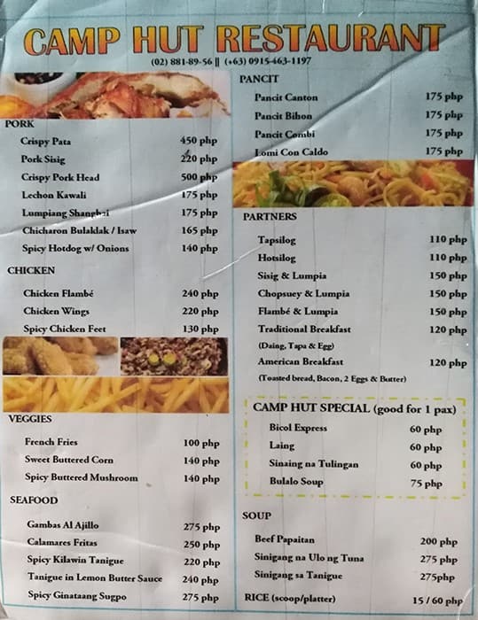 Carta de Camp Hut Restaurant, Taguig