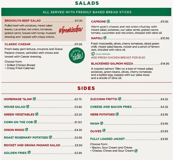 Menu at Frankie & Benny's restaurant, Birmingham, Unit 8