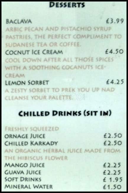 Menu at Nile Valley Cafe, Edinburgh