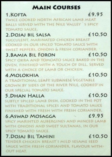 Menu at Nile Valley Cafe, Edinburgh