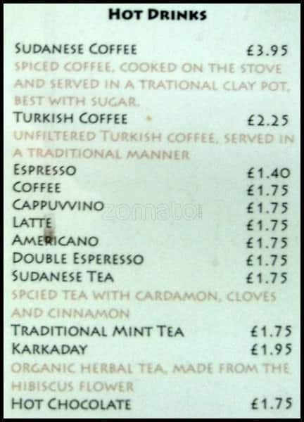 Menu at Nile Valley Cafe, Edinburgh