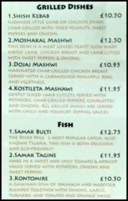 Menu at Nile Valley Cafe, Edinburgh