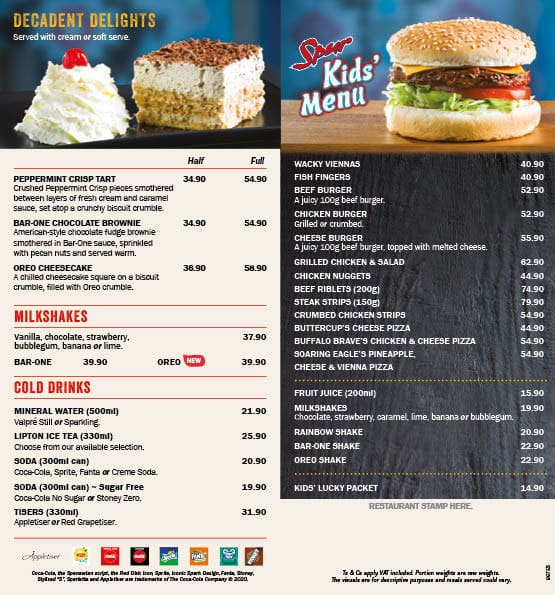 Menu at Silver Spear Spur Steak Ranch restaurant, Durban