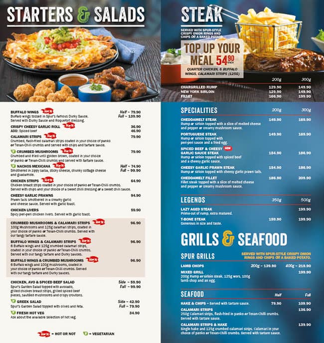 Menu at Silver Spear Spur Steak Ranch restaurant, Durban