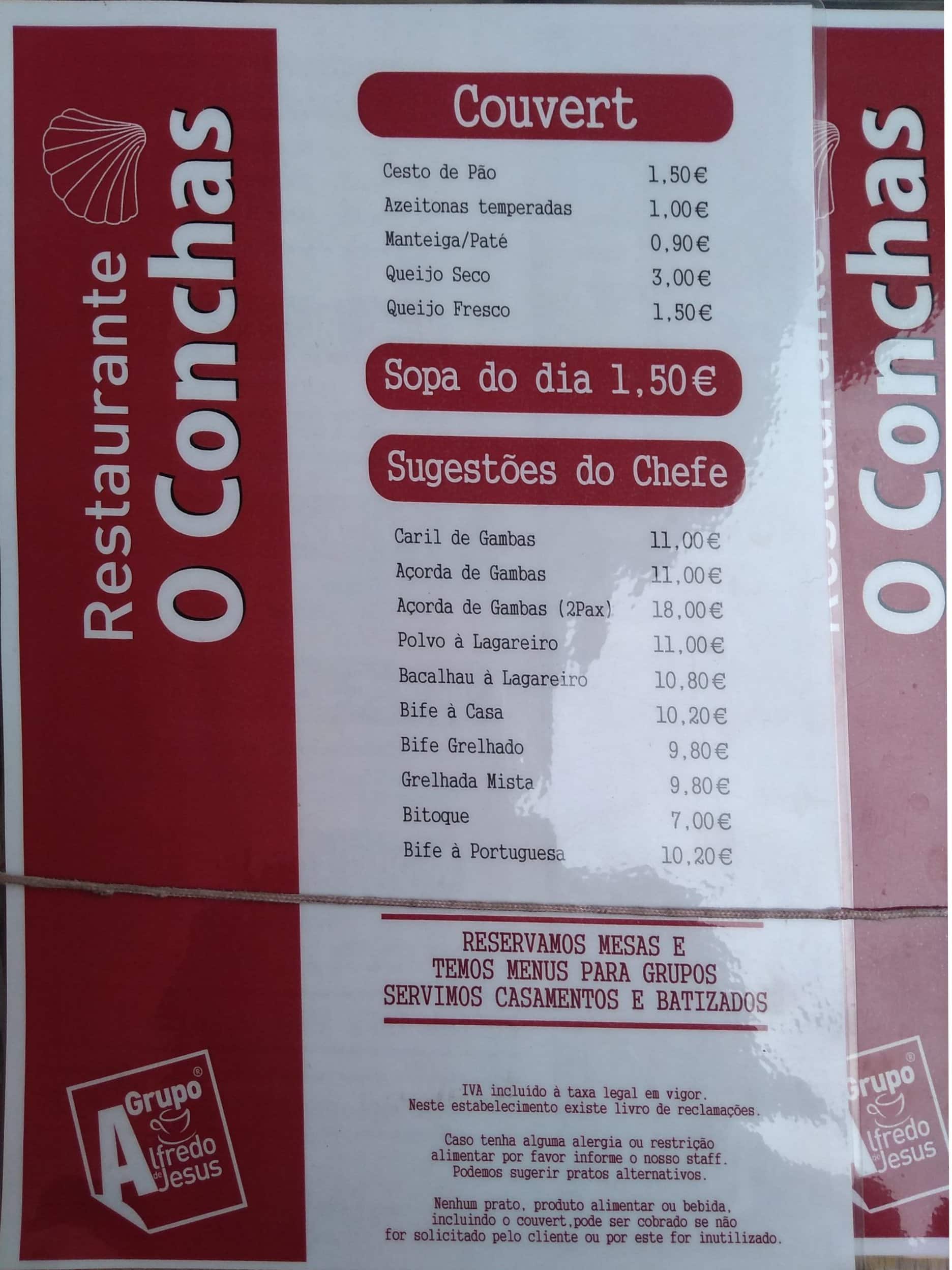 Menu at O Conchas restaurant, Lisbon, Parque Quinta das Conchas e dos ...