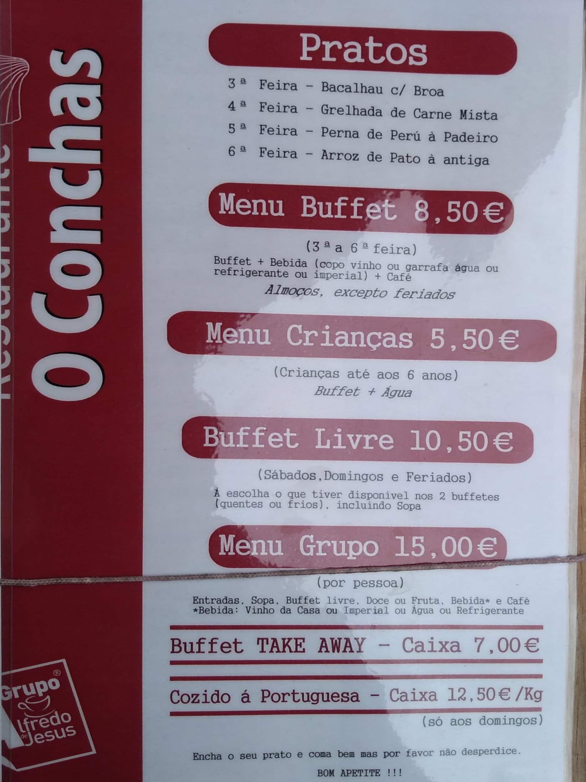 Menu at O Conchas restaurant, Lisbon, Parque Quinta das Conchas e dos ...