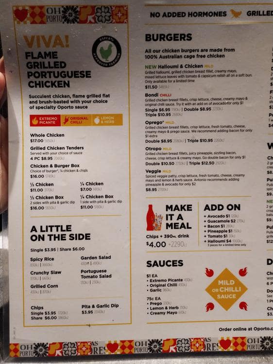 Menu at Oporto restaurant, Edmondson Park
