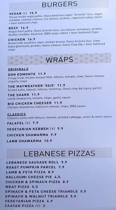 Menu at OASIS cafe, Murrumbeena