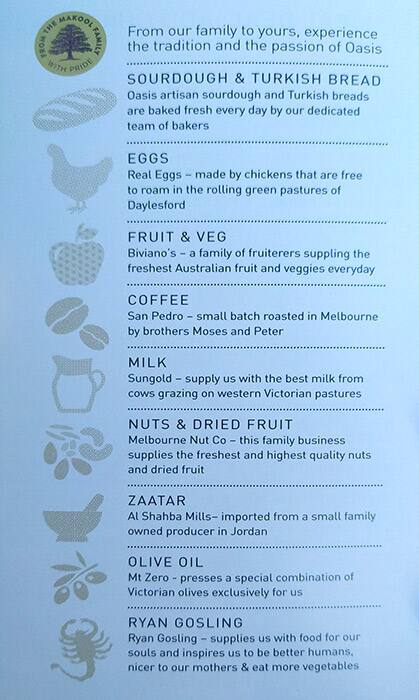 Menu at OASIS cafe, Murrumbeena