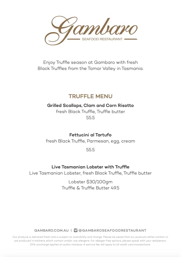 Menu at Gambaro Seafood Restaurant, Brisbane City
