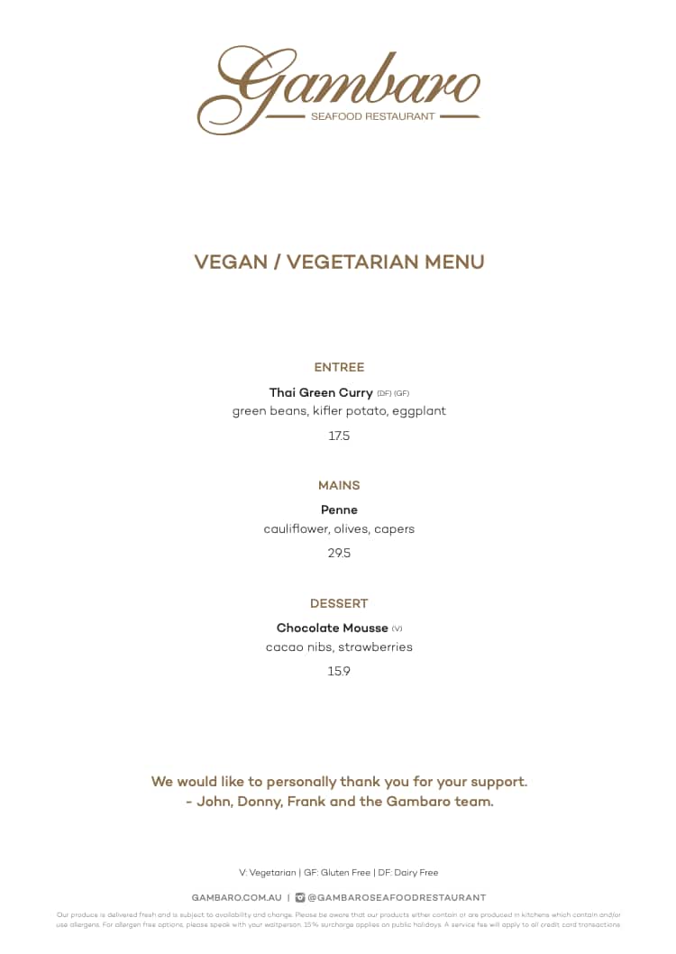 Menu at Gambaro Seafood Restaurant, Brisbane City