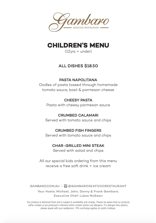 Menu at Gambaro Seafood Restaurant, Brisbane City