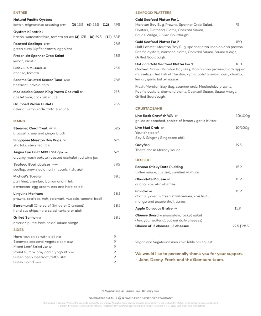 Menu at Gambaro Seafood Restaurant, Brisbane City