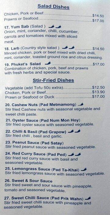 Menu at Phuket Thai restaurant, Browns Plains