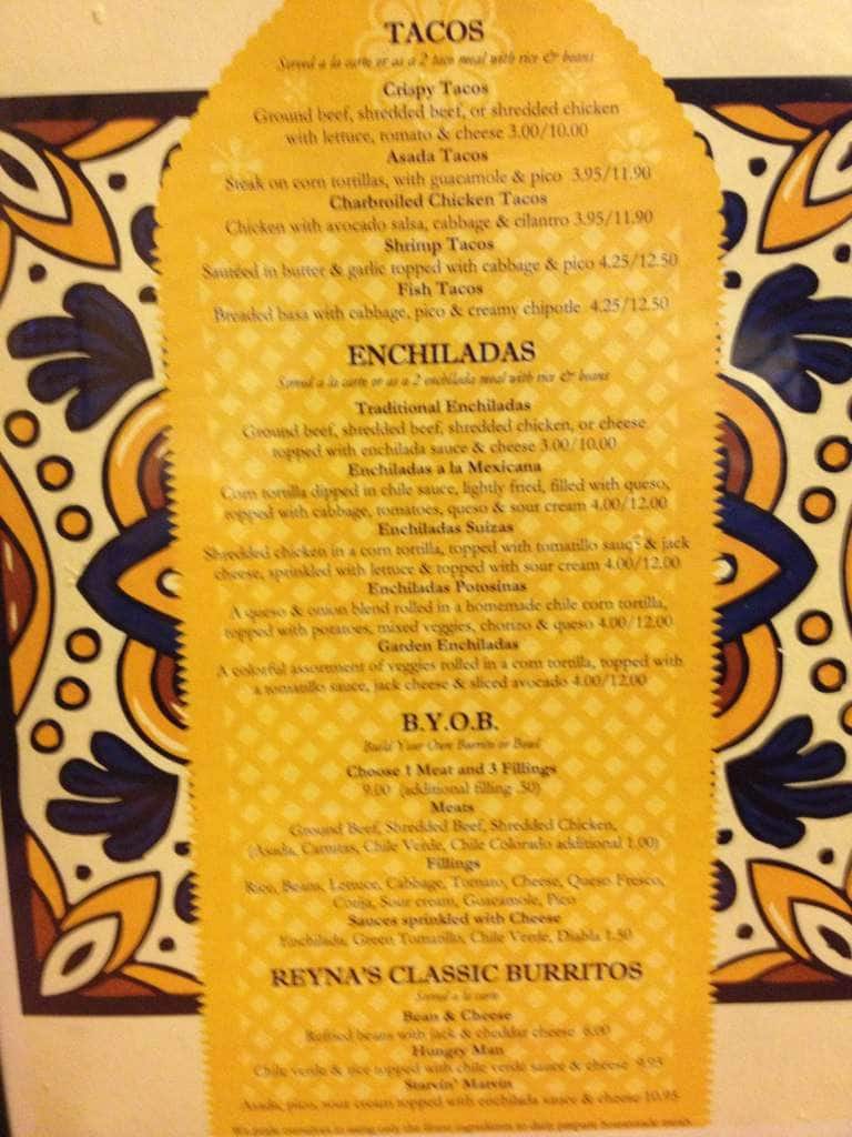 Menu at Reyna's Restaurant, Lemoore