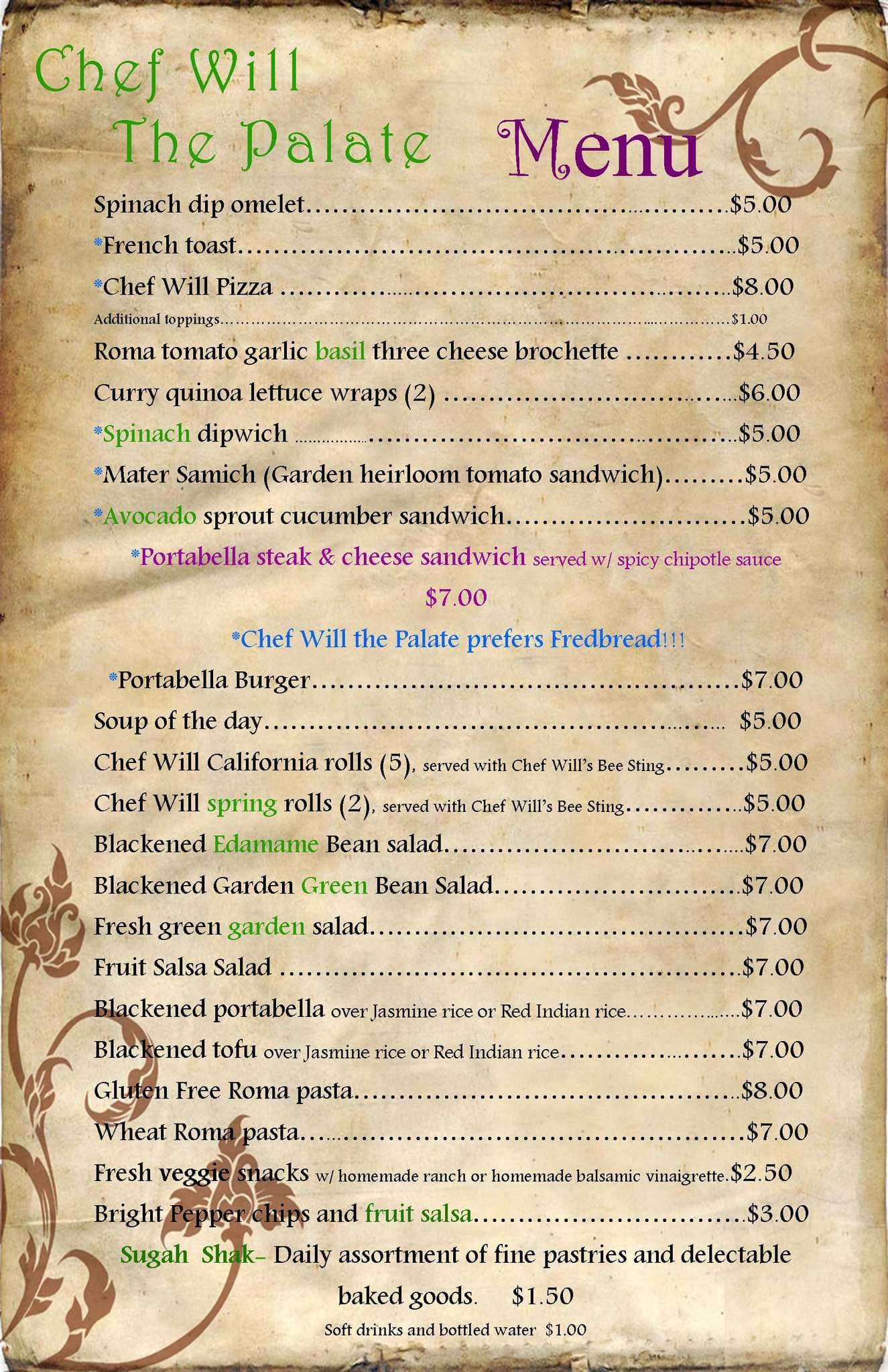 Menu at Chef Will the Palate pizzeria, Huntsville