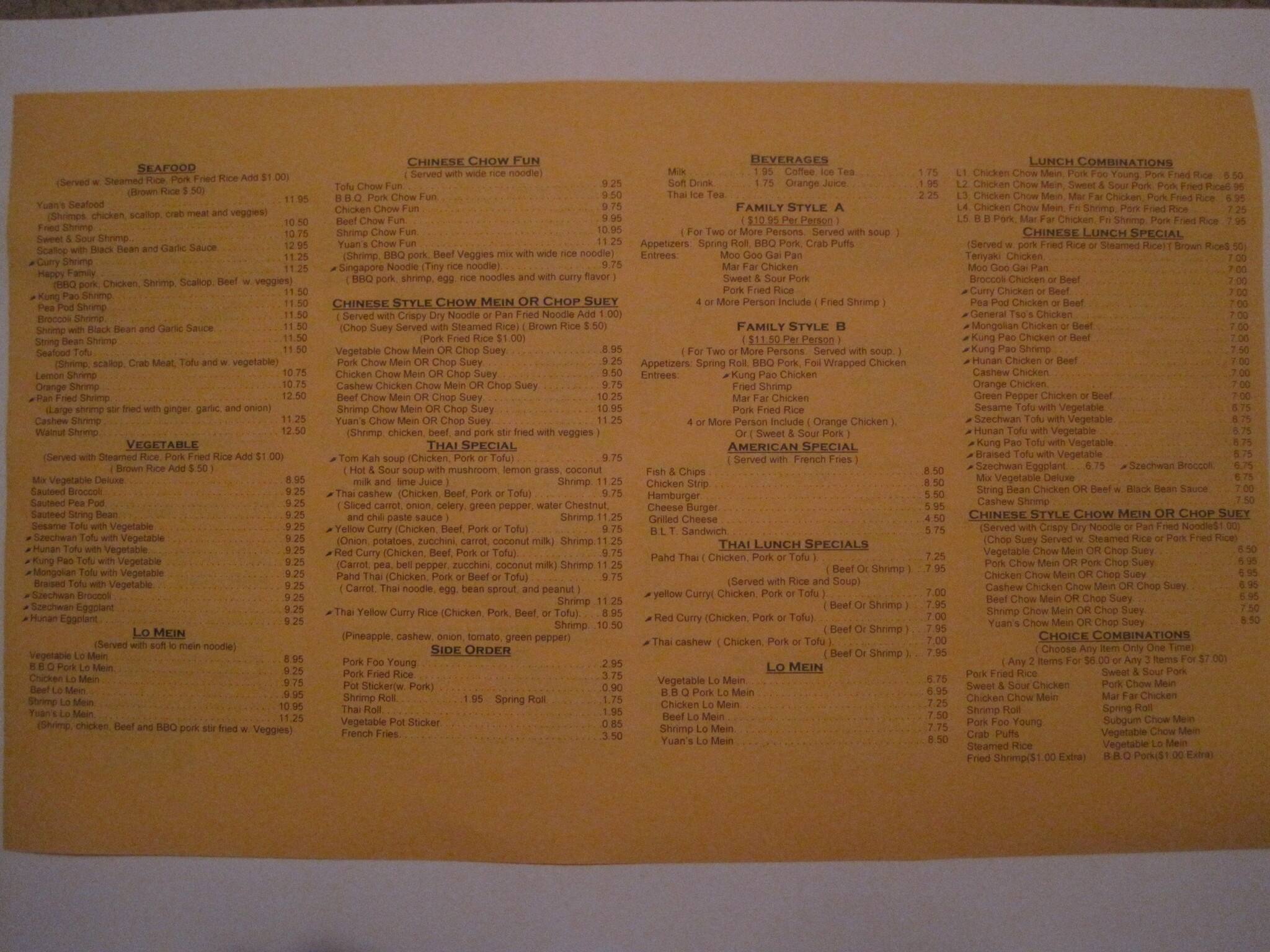 Menu at Yuan yuan restaurant, Ashland