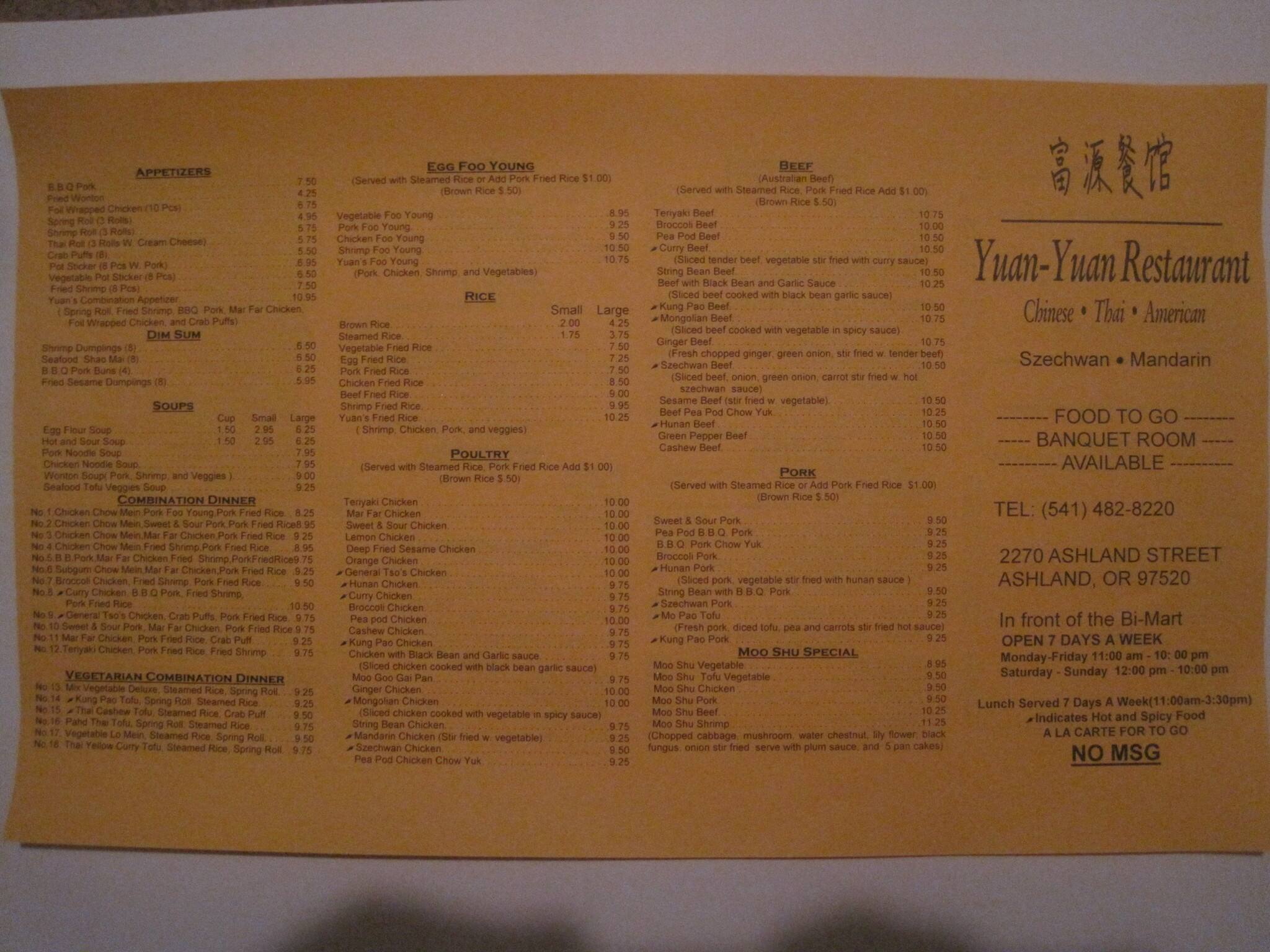 Menu at Yuan yuan restaurant, Ashland