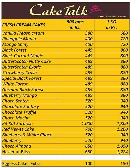 Menu of Cake Talk, Chromepet, Chennai
