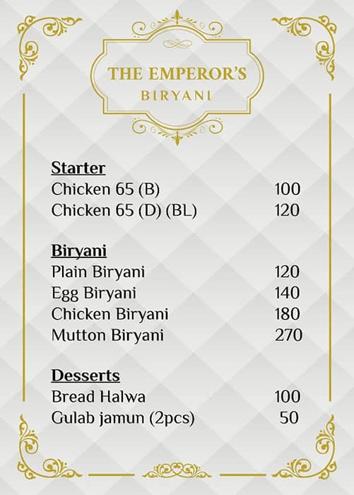 Menu of The Emperor's Biryani, Velachery, Chennai
