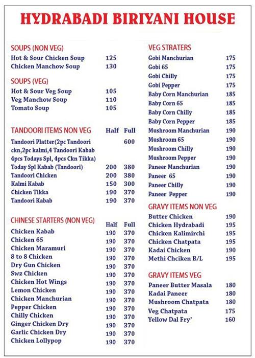 Menu of Hyderabadi Biriyani House, Electronic City, Bangalore