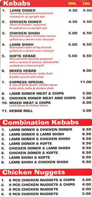 Menu at Kebab Express restaurant, London, 127 Lavender Hill