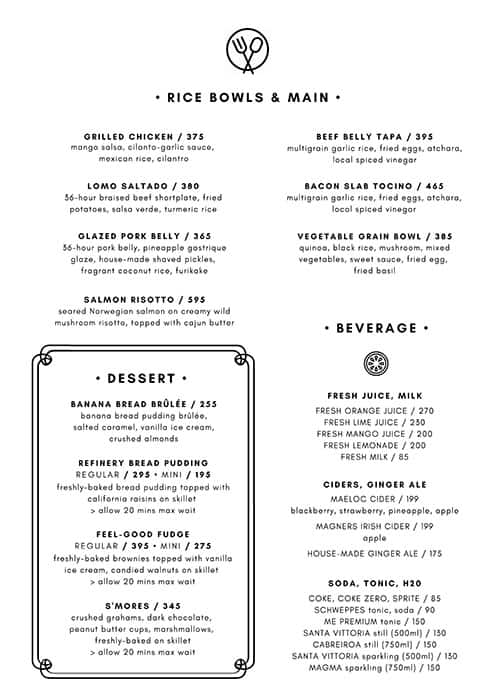 Menu at Refinery cafe, Makati, Joya Tower