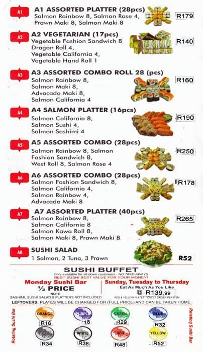 Menu at Huamin sushi restaurant, Johannesburg