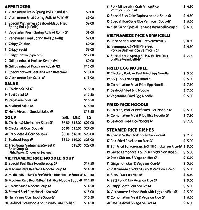 Menu at Hello Vietnam Restaurant, Christchurch