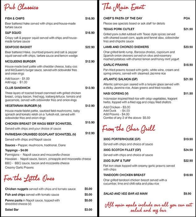 Menu at McQueens Tavern & Gaming pub & bar, Angle Park