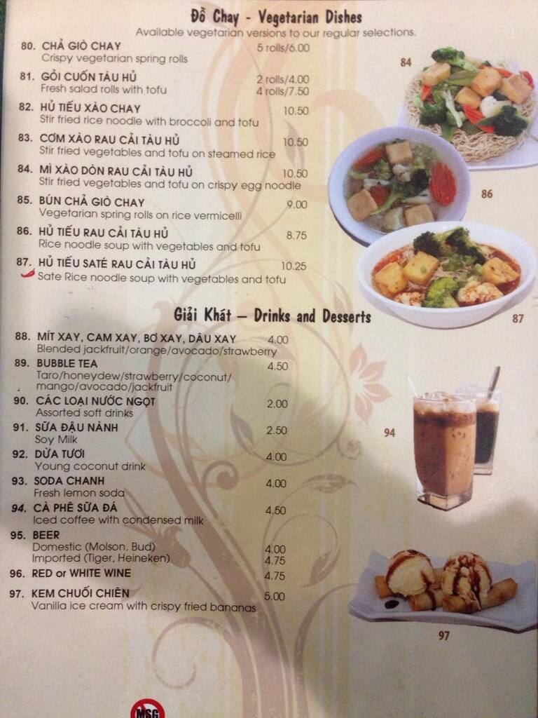 Menu at Song Viet Restaurant, Calgary