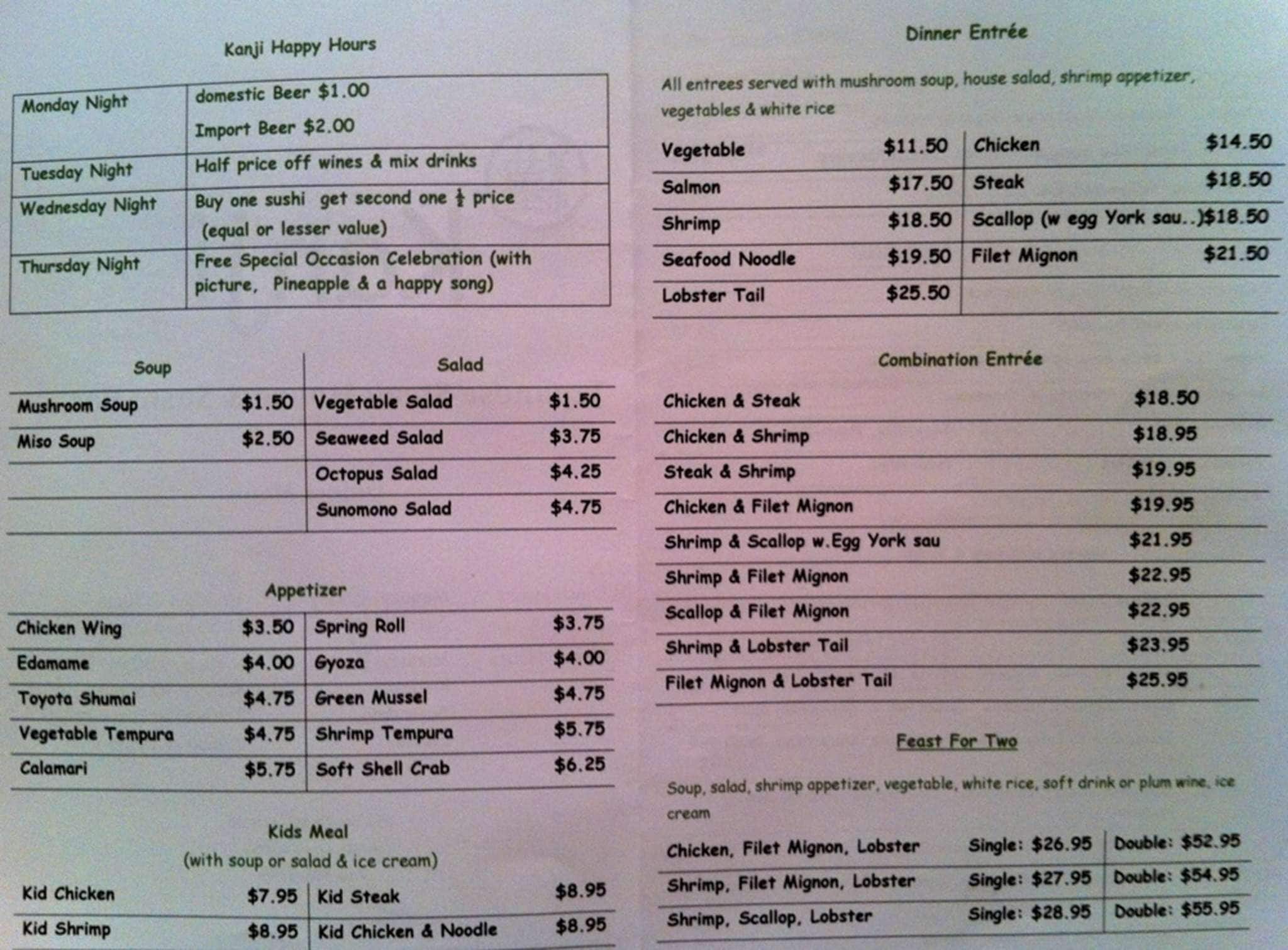 Menu at Kanji Japanese Steakhouse, Heath