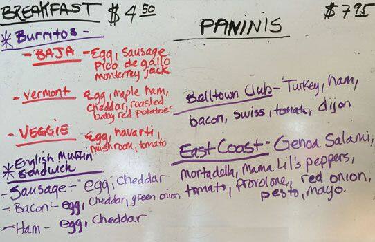 Menu at The Daily Dose cafe, Seattle