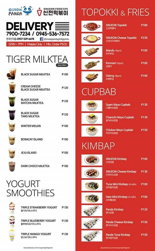 Menu at Snow Panda pub & bar, Manila, The Grand Tower