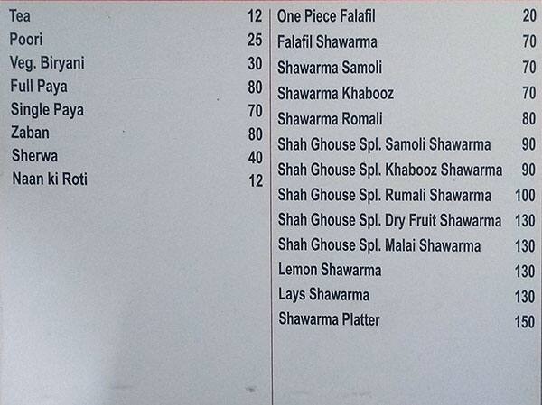 Menu at Shah Ghouse Special Shawarma, Hyderabad