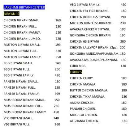 Menu of Lakshmi Biryani Center, Madhapur, Hyderabad
