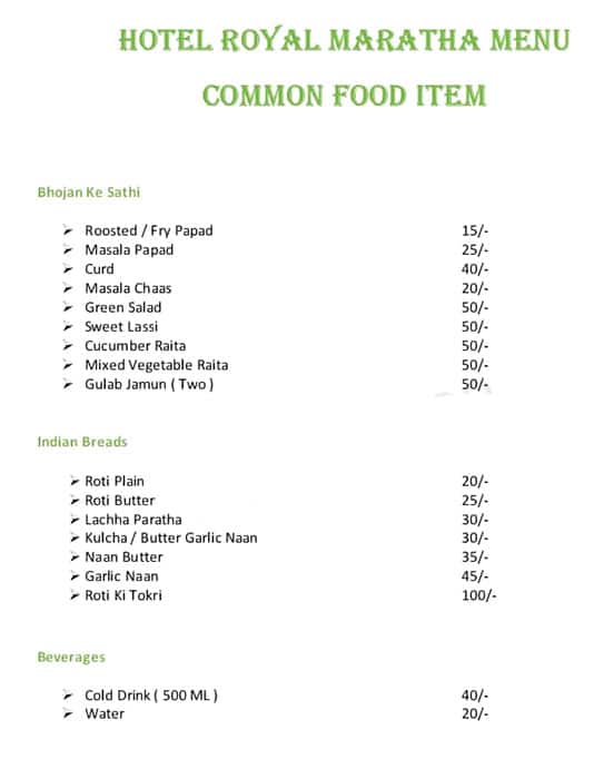 Menu of The Royal Maratha, Shivane, Pune