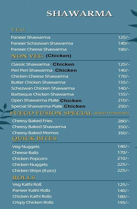 Menu of The Fuego Fusion Taste The Fire, Nigdi, Pune